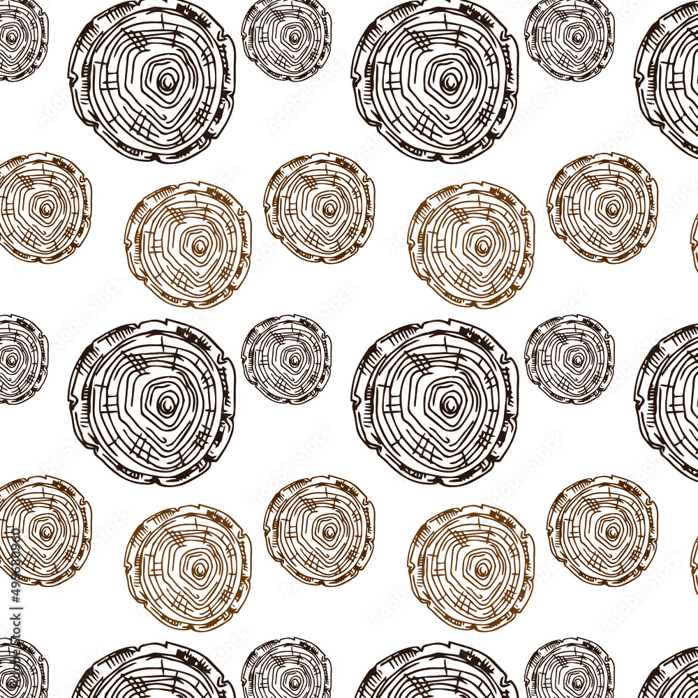 Sketch of wood slices. Wood rings texture pattern. Hand drawn seamless ...