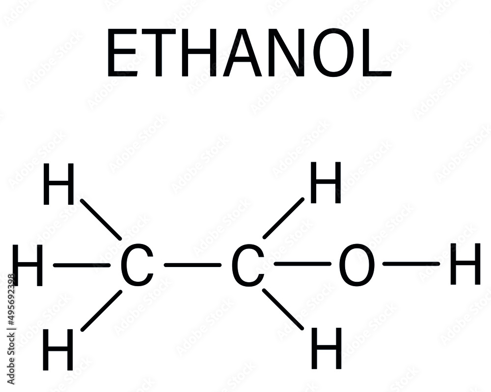 Alcohol (ethanol, ethyl alcohol) molecule, chemical structure. Skeletal ...