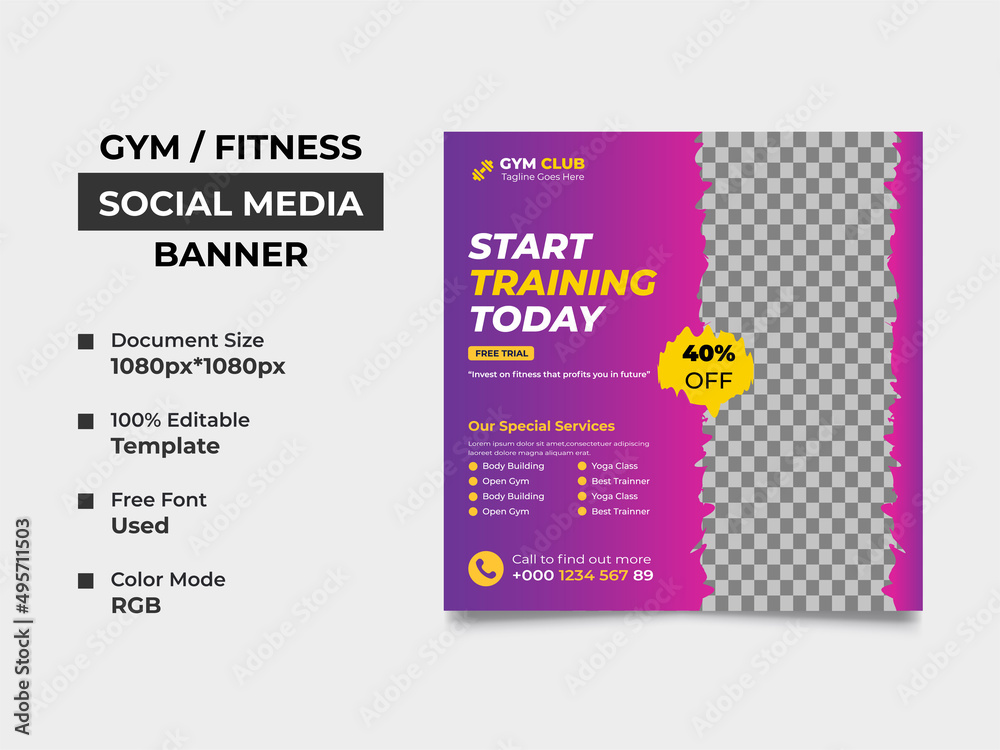 gym club social media post template design with an image placement ...