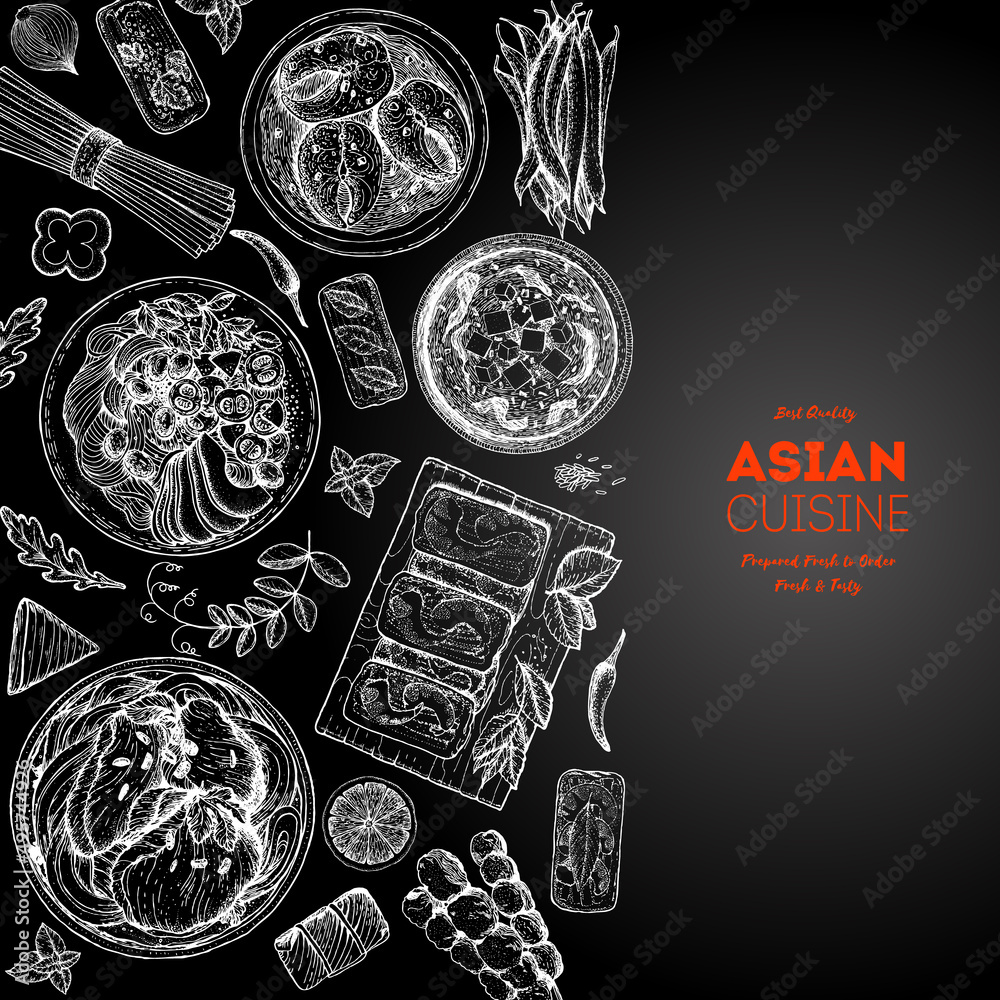 Chinese Food menu design template, engraved elements. Asian cuisine ...