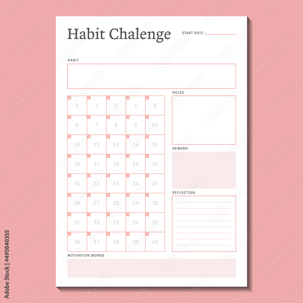 40 Day Habit Challenge Planner Daily Tracker Grid Template Vector in ...