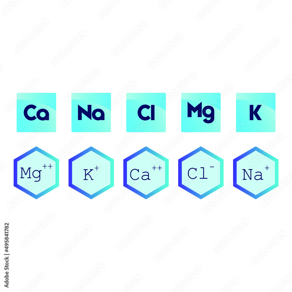 Set of blue electrolyte modern icons - Calcium, Sodium, Magnesium ...