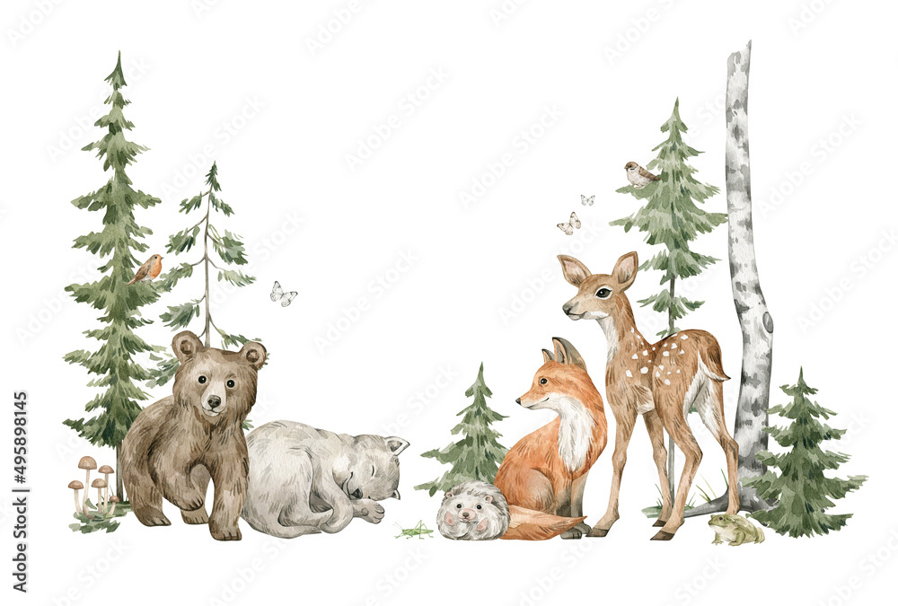 Watercolor composition with forest animals and natural elements. Deer ...