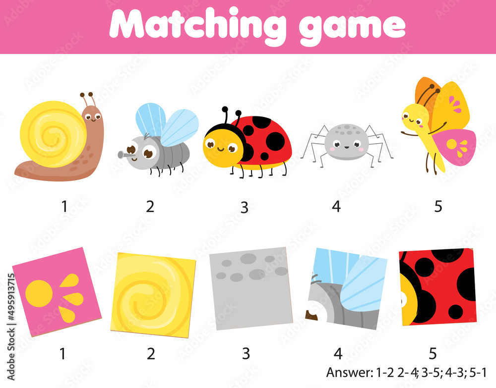 Matching game. Match pattern and funny insects educational children ...