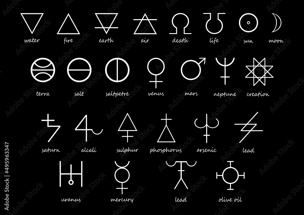 Line art icon set of esoteric glyphs, pictograms and symbols. Alchemy ...