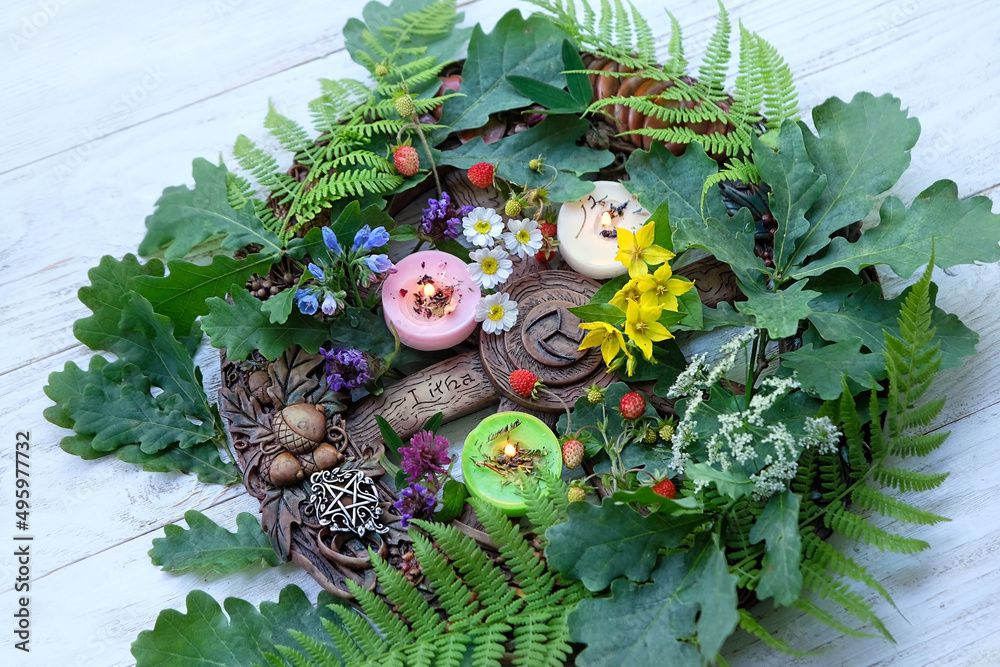 Wiccan Altar for Summer solstice, Litha pagan holiday. wheel of the ...