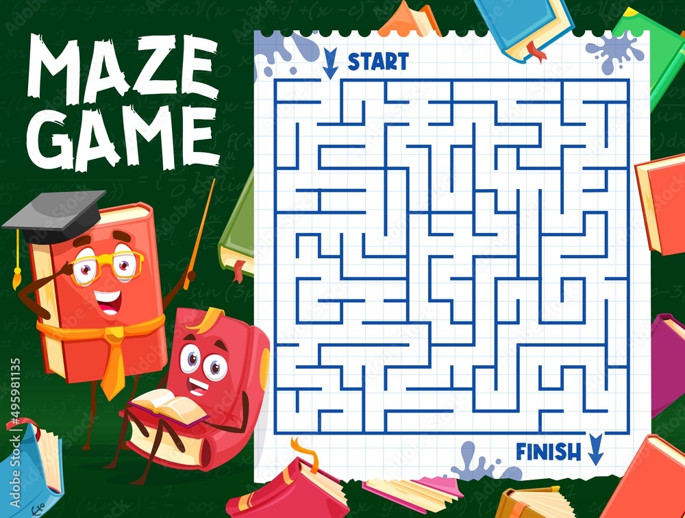Labyrinth maze with bestseller books and textbooks cartoon characters ...