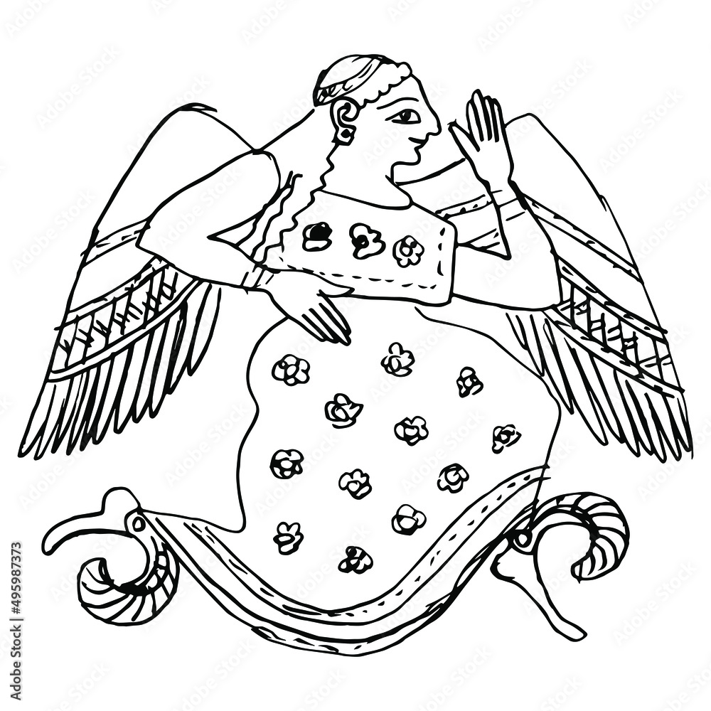 Winged ancient Greek goddess Eris or Nike. Vase painting style. Hand ...