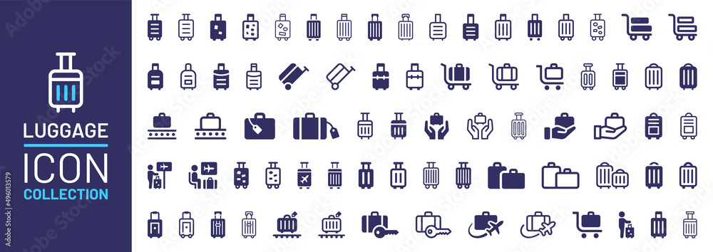 Luggage icon collection. Luggage trolley line icon set. Suitcase bag ...