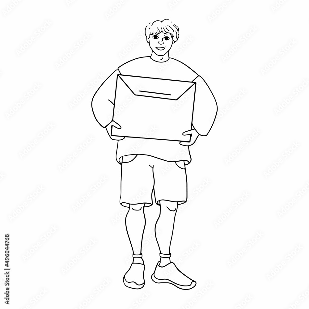 Young guy with a box. The man is holding a box. Line art. Hand drawn ...