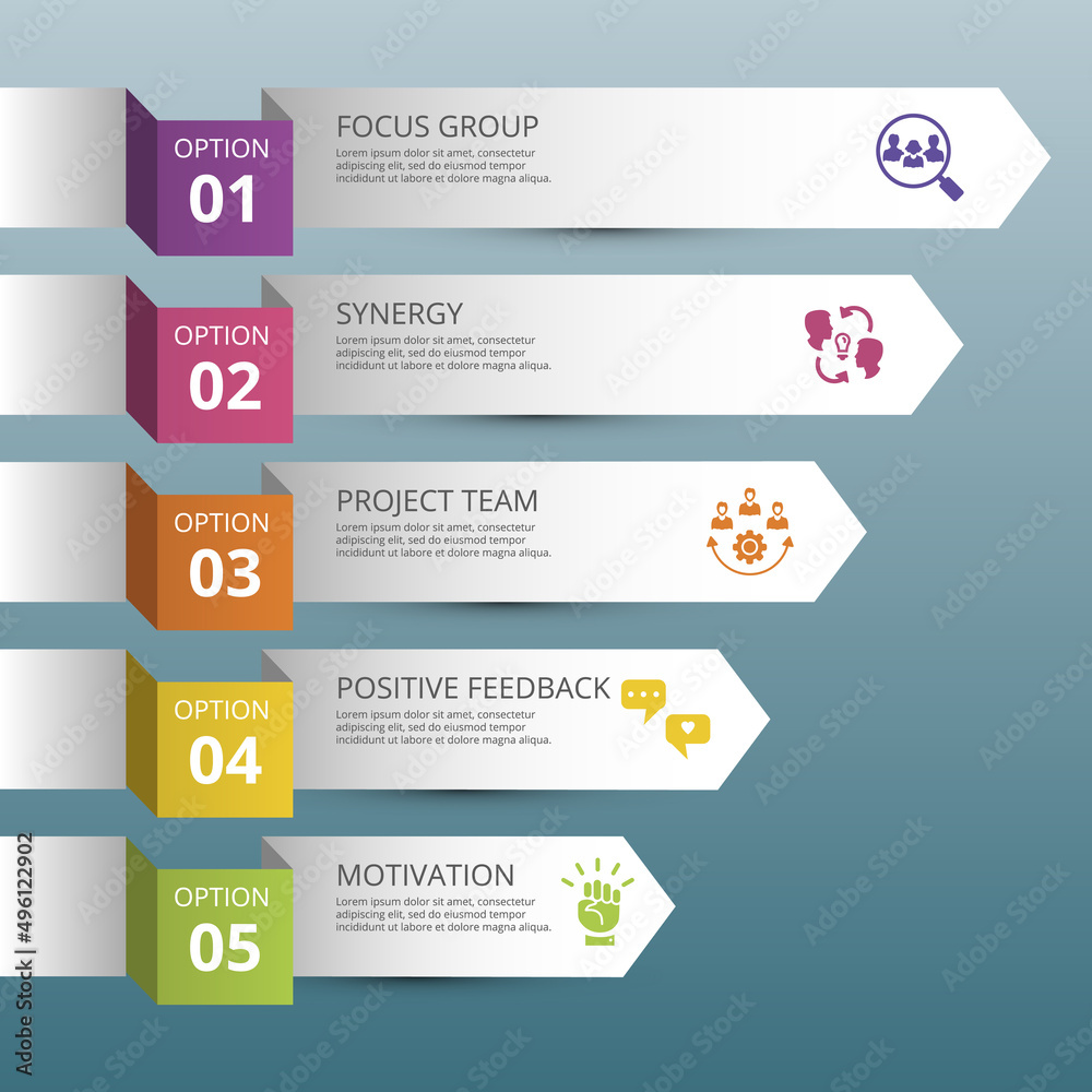Infographic Team Building icons vector illustration. 5 colored steps ...