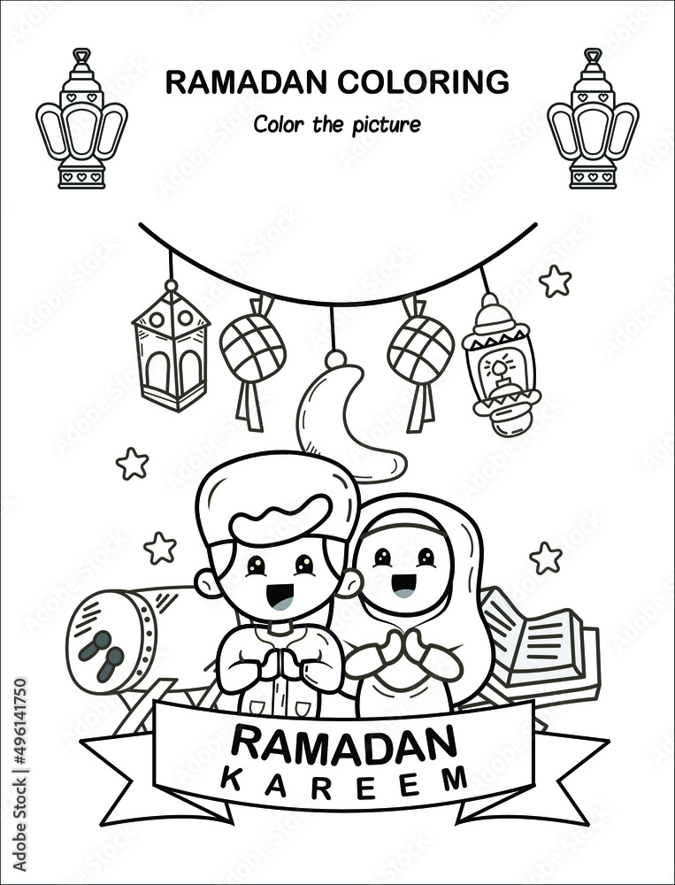 Vetor Beautiful Islamic couple cartoon vector Ramadan Children Coloring ...
