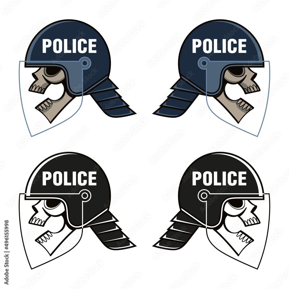 Riot police helmet and skull, scary symbol of brutality and violence ...