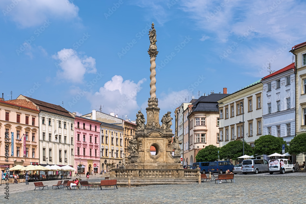 Marian Column on Lower Square of Olomouc, Czech Republic. The baroque ...