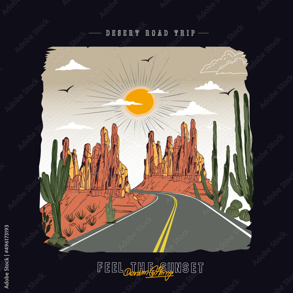 western vintage desert road trip, Desert vibes vector graphic print ...