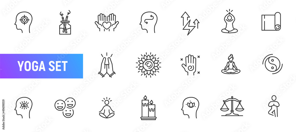 Yoga meditate mind relax vector line icon set. Relax yoga zen self ...