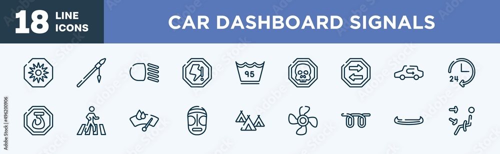 set of car dashboard signals icons in outline style. car dashboard ...