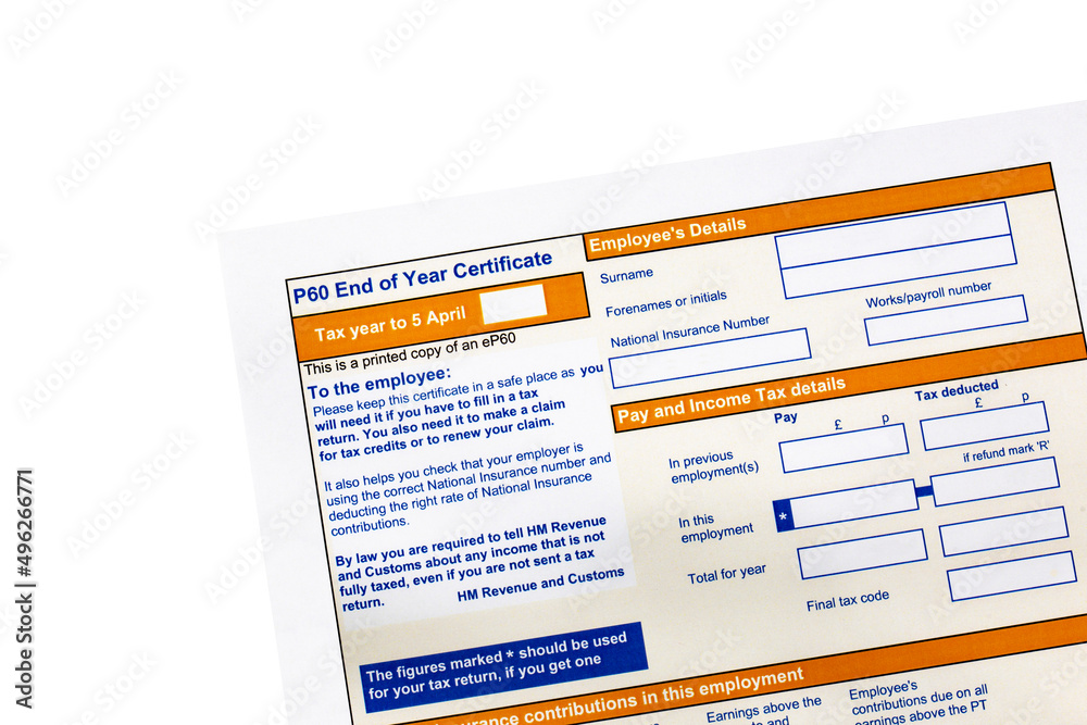 P60 End of year Certificate issued by HMRC in the United Kingdom. Blank ...