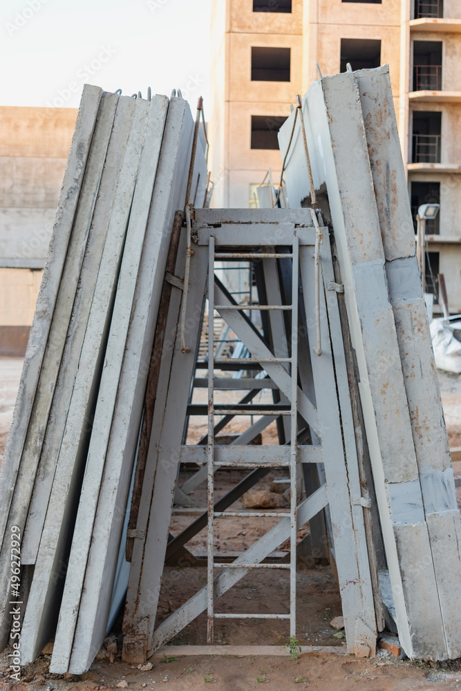 Many precast concrete wall panels are stocking in the storage area ...