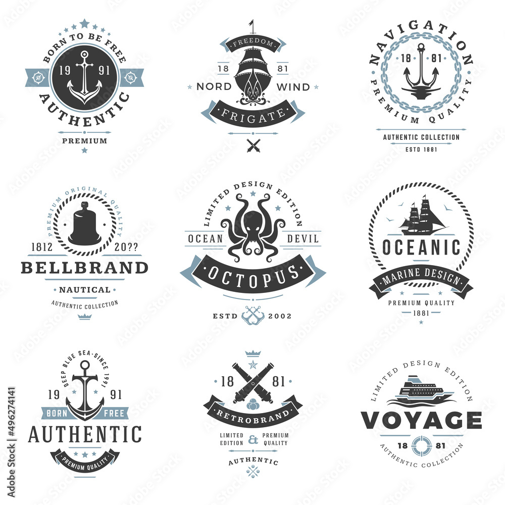 Nautical logos templates set. Vector object and icons for marine labels ...