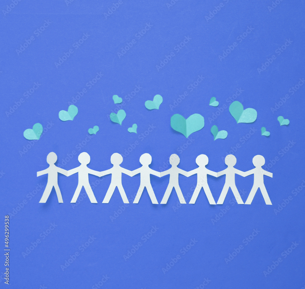 Cut paper human chain hold hands and show their unity with hearts on ...