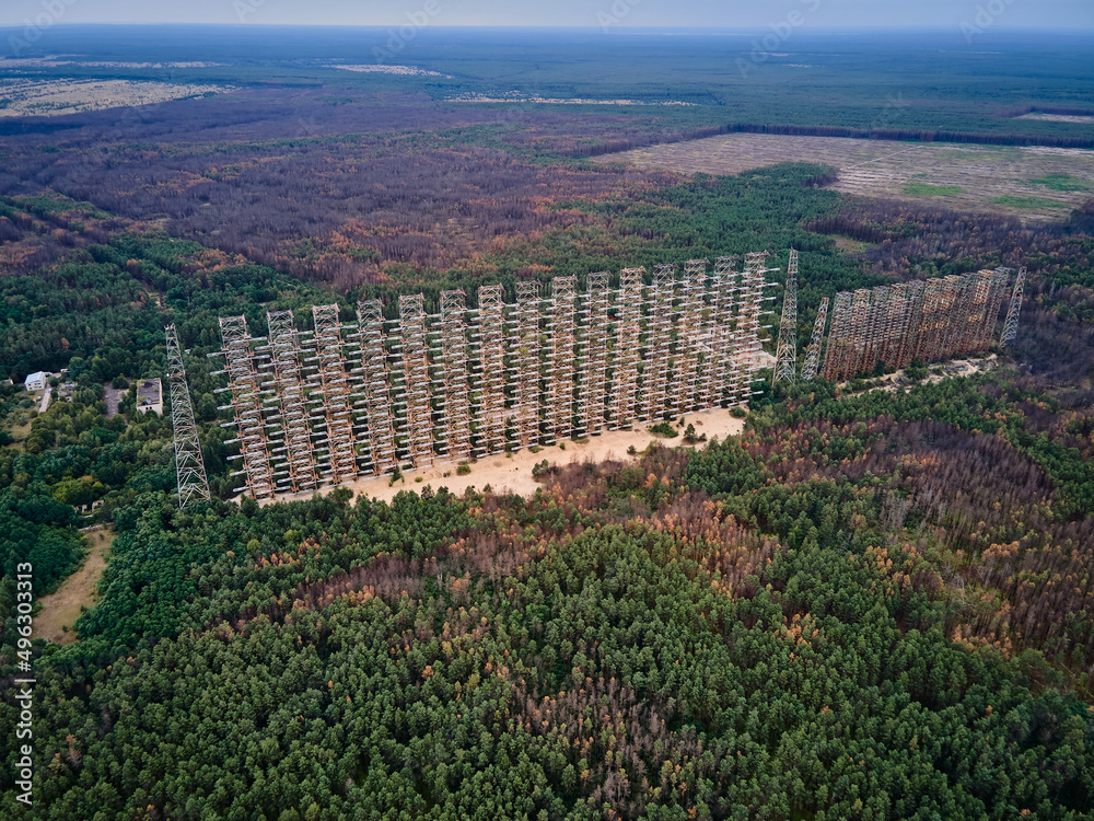 Aerial view of Former remains of Duga radar system in abandoned ...