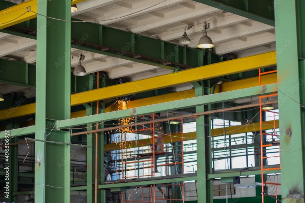 Factory room with steel beams and concrete walls industrial warehouse ...