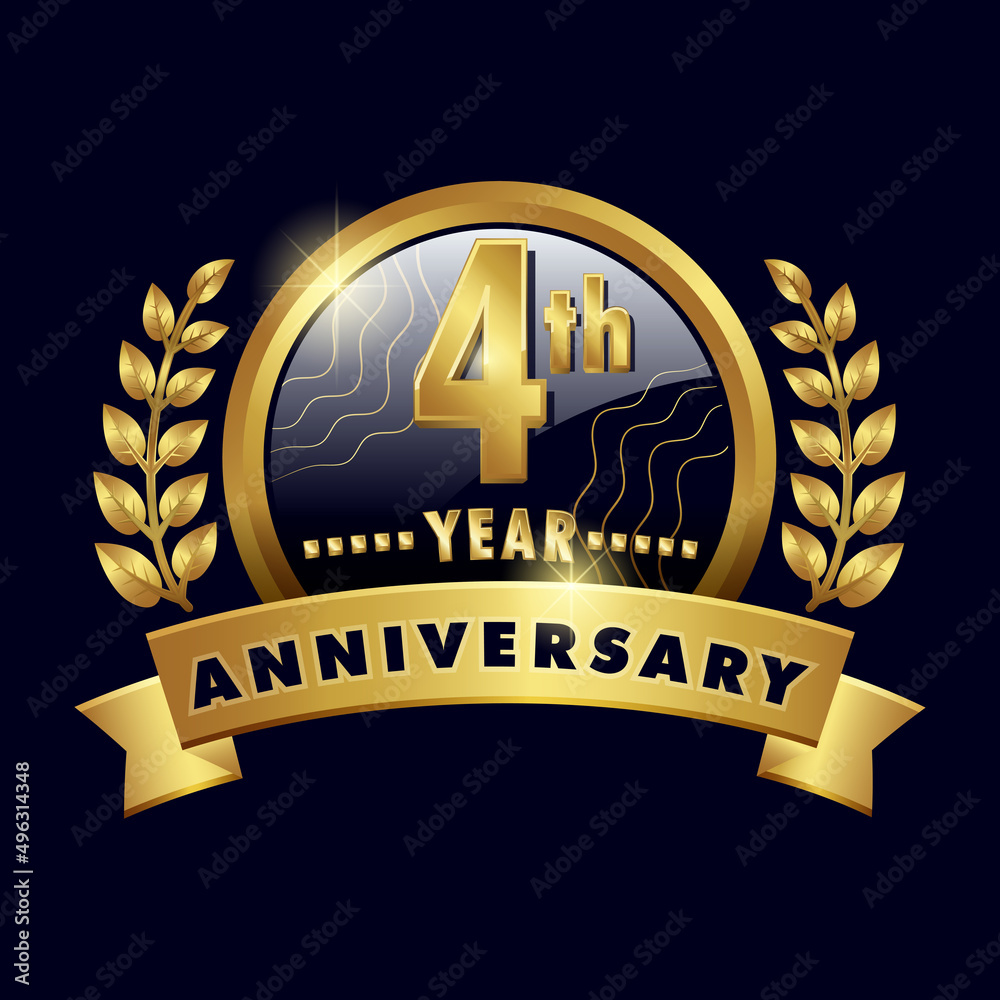 4th anniversary golden logo fourth Year wedding Badge ribbon laurel wreath vector design Adobe Stock