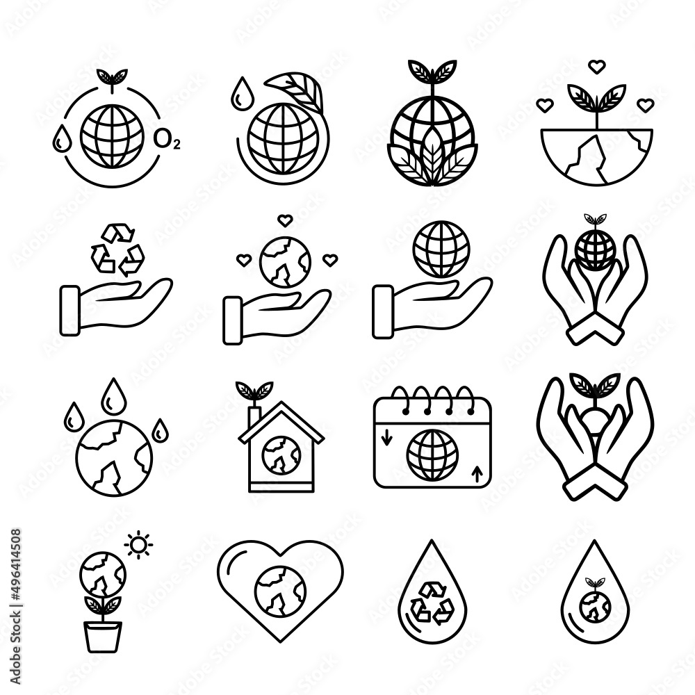 Vector icon set with green planet earth concept, world ecology, rich in ...