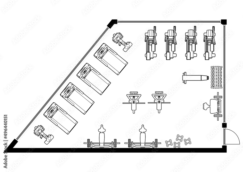 Fitness gym. Home fitness. Floor plan gym. Fitness center 3d ...