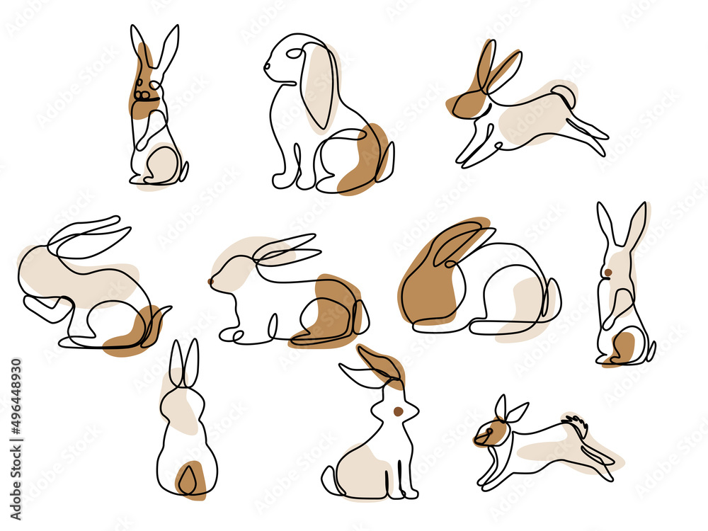 Set of Bunny rabbit line art icon. Abstract outline rabbit in hand ...