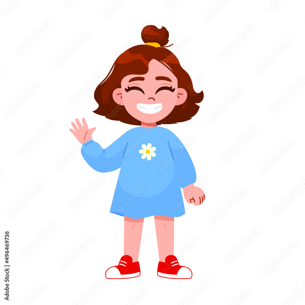 Vector de Stock Cute happy kid girl raising and waving hands greeting ...