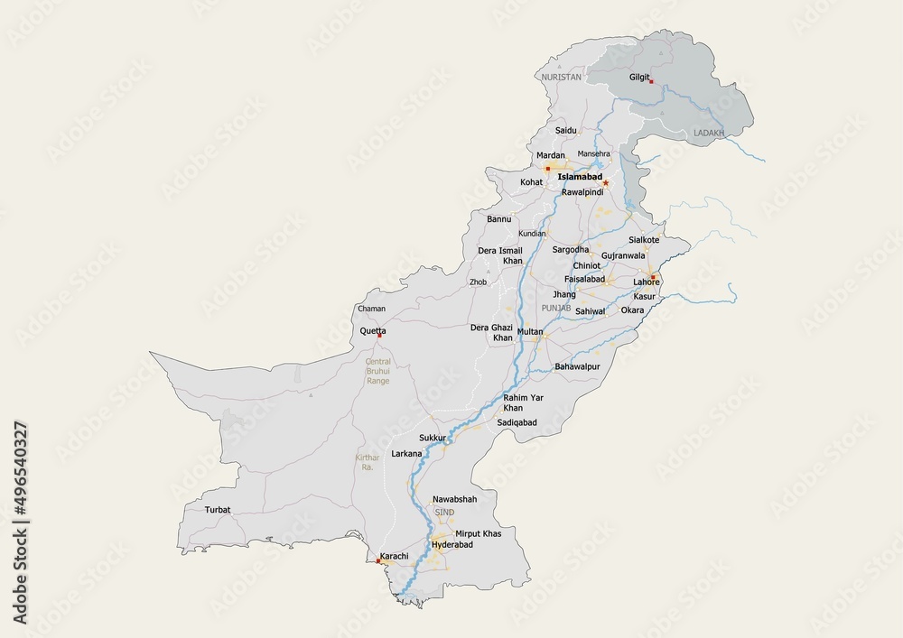 Isolated map of Pakistan with capital, national borders, important ...