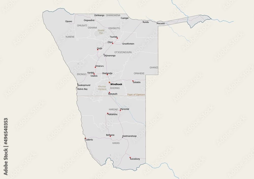 Isolated map of Namibia with capital, national borders, important ...