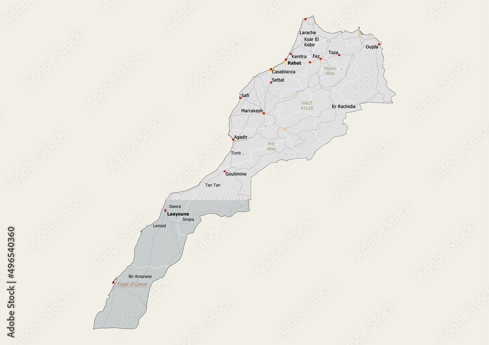 Isolated map of Morocco with capital, national borders, important ...