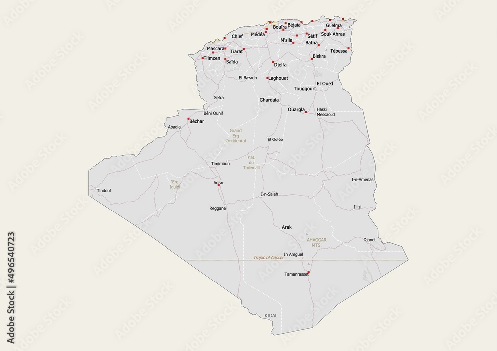 Isolated map of Algeria with capital, national borders, important ...