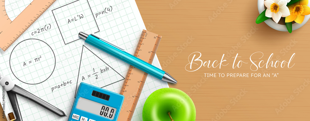 Back to school vector design. Back to school text in study table with ...