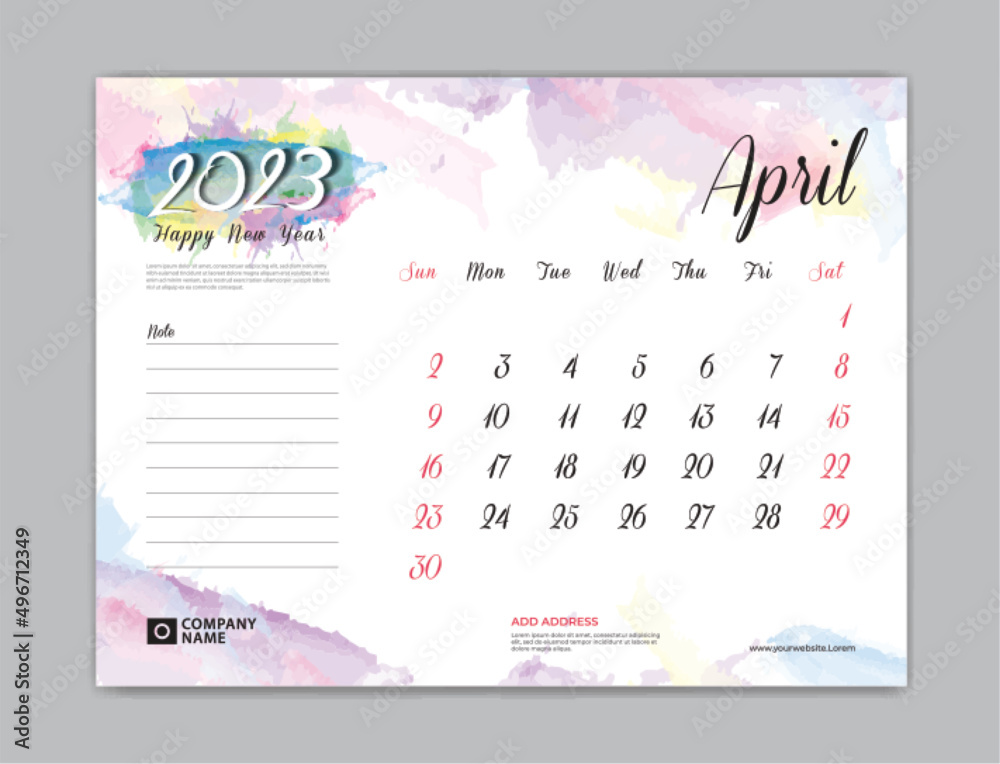 Calendar 2023 template on colorful watercolor background, april month ...