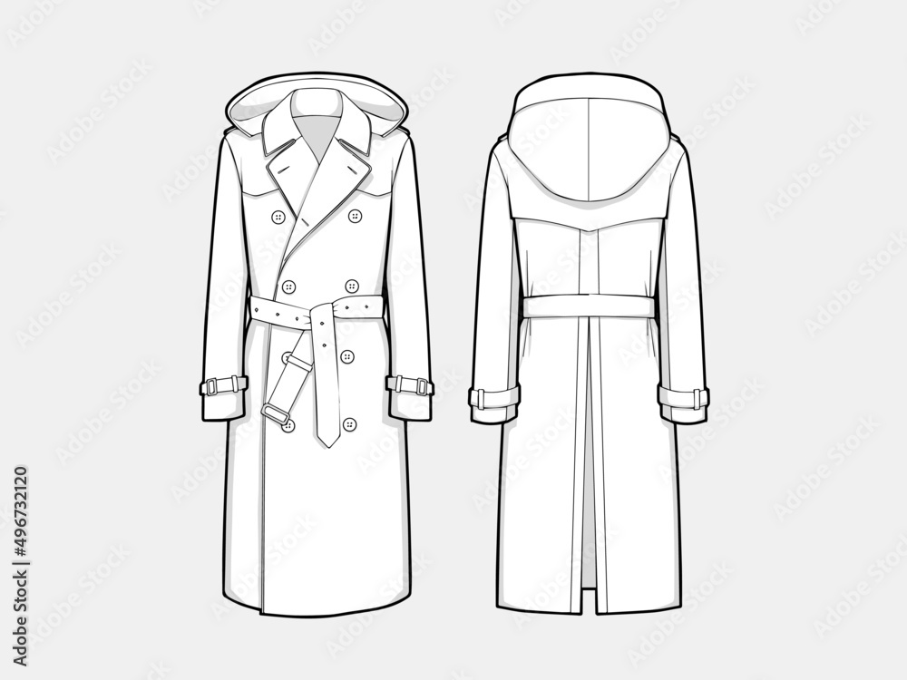 VECTOR LINE ART OUTLINE HOODED LONG HERITAGE TRENCH COAT COLLECTION FOR ...