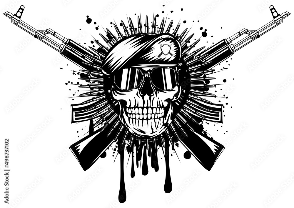 Abstract vector illustration skull in beret crossed assault rifle on ...