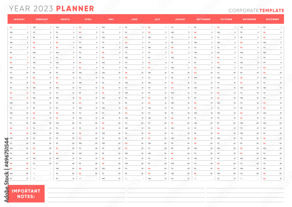 2023 year planner. Vector wall planner schedule organizer. Yearly blank ...