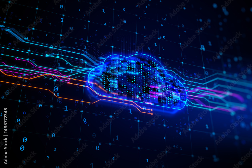 Close up of abstract glowing cloud lines hologram on dark blue ...