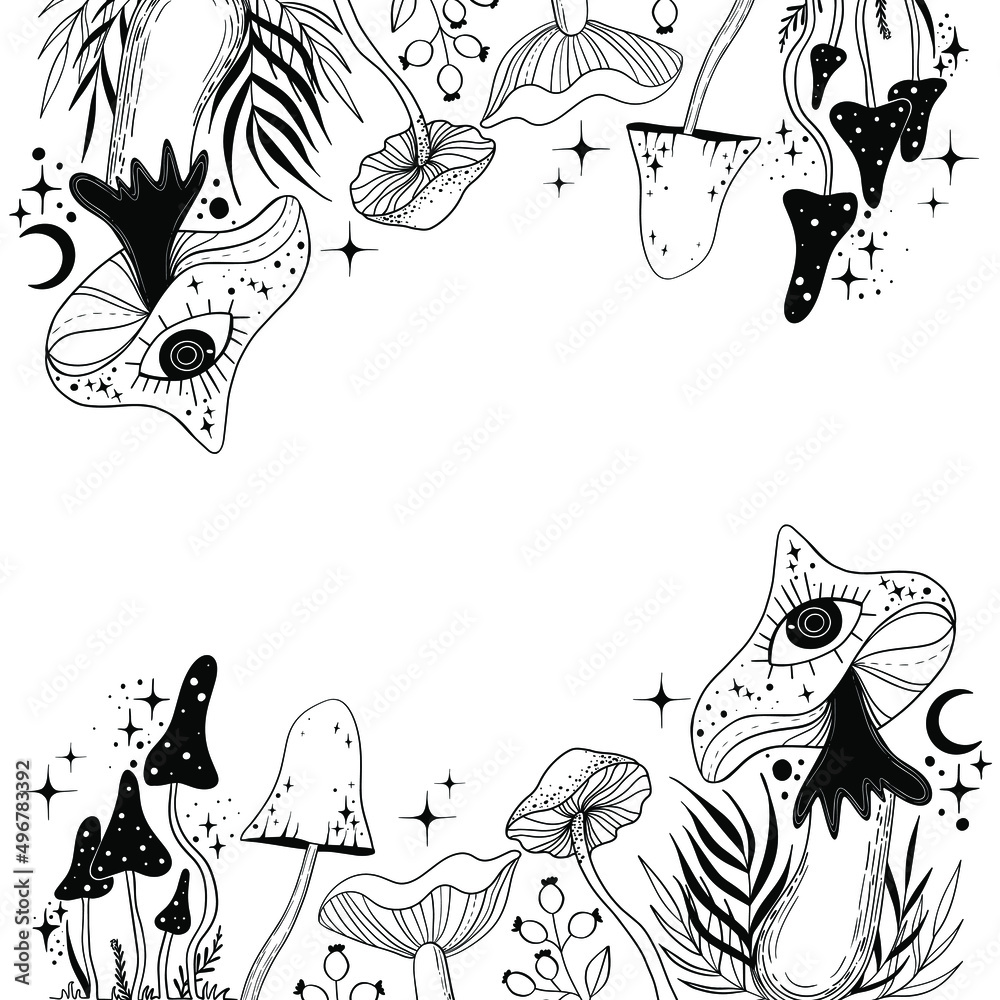 Celestial Mystical boho mushrooms, magic mushroom with moon and stars, witchcraft symbol, witchy ...