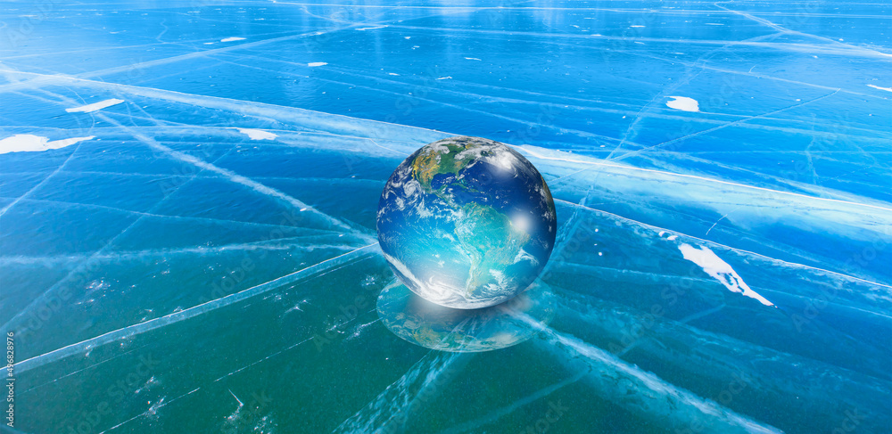 Ice age concept - Glass Globe (planet earth) on transparent ice ...