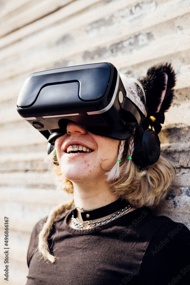 Portrait young real beauty woman posing outdoor smiling using augmented ...