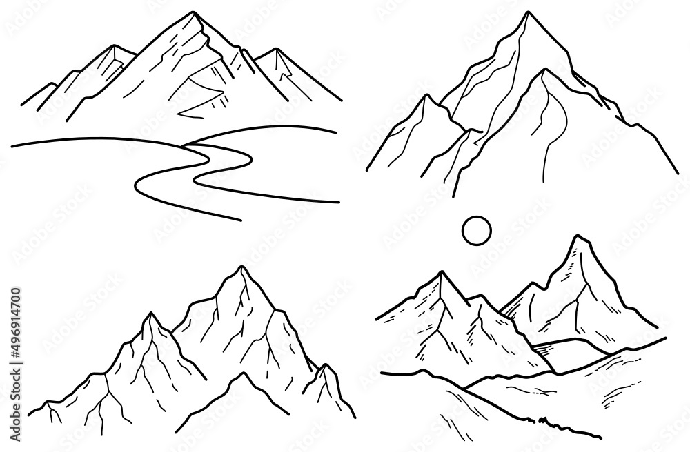 Set of 4 mountain range hiking landscape vector line art svg outline ...