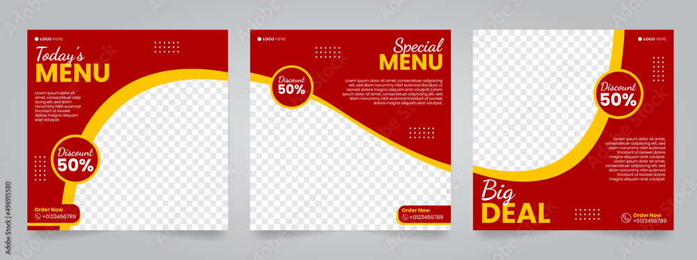 set of poster template designs for food posts on social media. red and ...