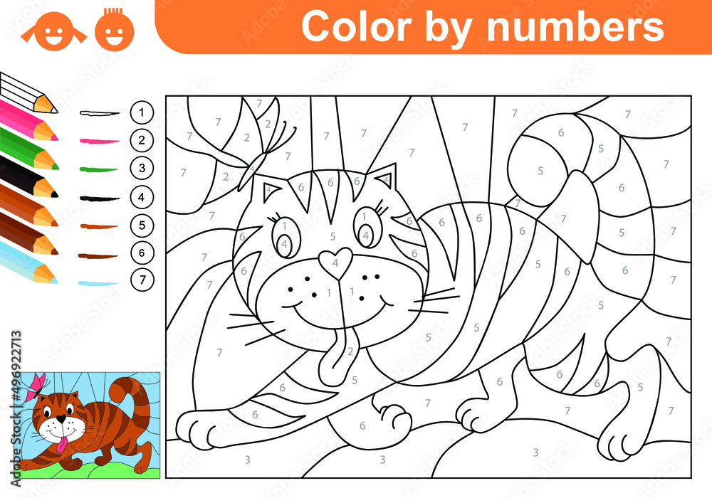 Color by Numbers. Cat with butterfly. Coloring page. Coloring puzzle ...