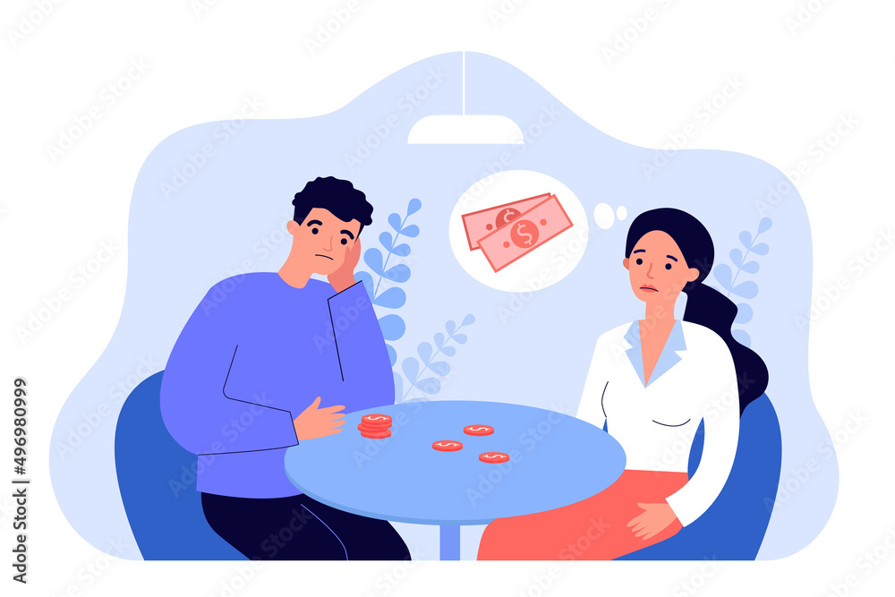 Vektor Sad couple sitting at table and counting money coins. Stress of ...