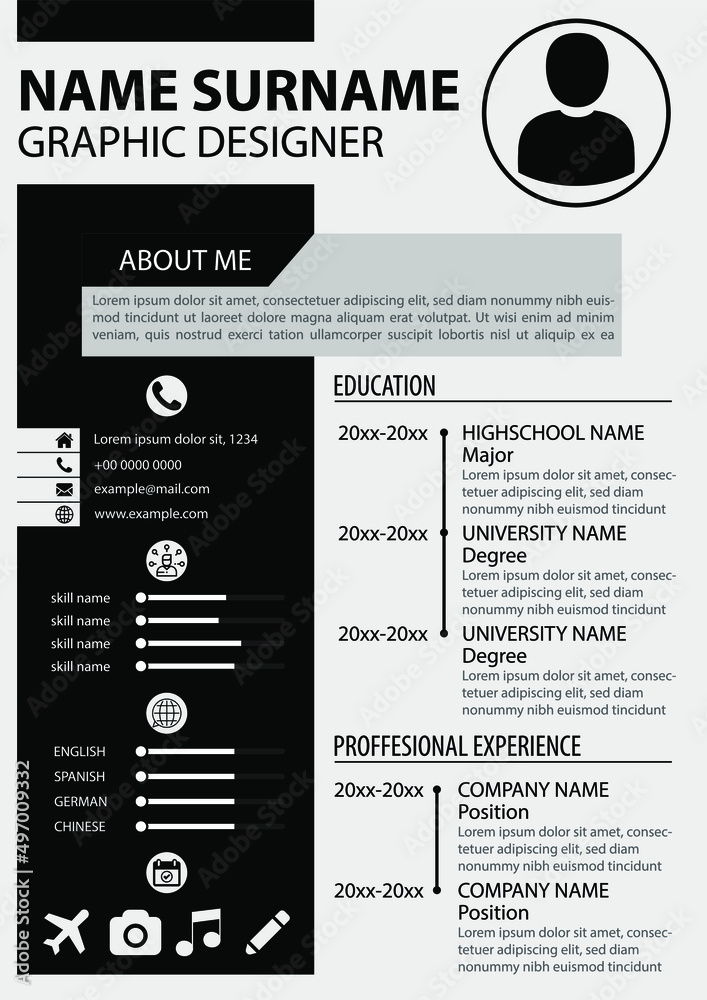 CV - Resume Template. Modern Simple Clean Design. Black and White Color ...